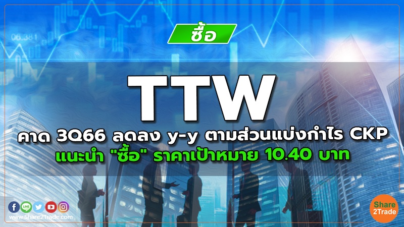 TTW คาด 3Q66 ลดลง y-y ตามส่วนแบ่งกำไร CKP แนะนำ "ซื้อ" ราคาเป้าหมาย 10.40 บาท | Share2Trade